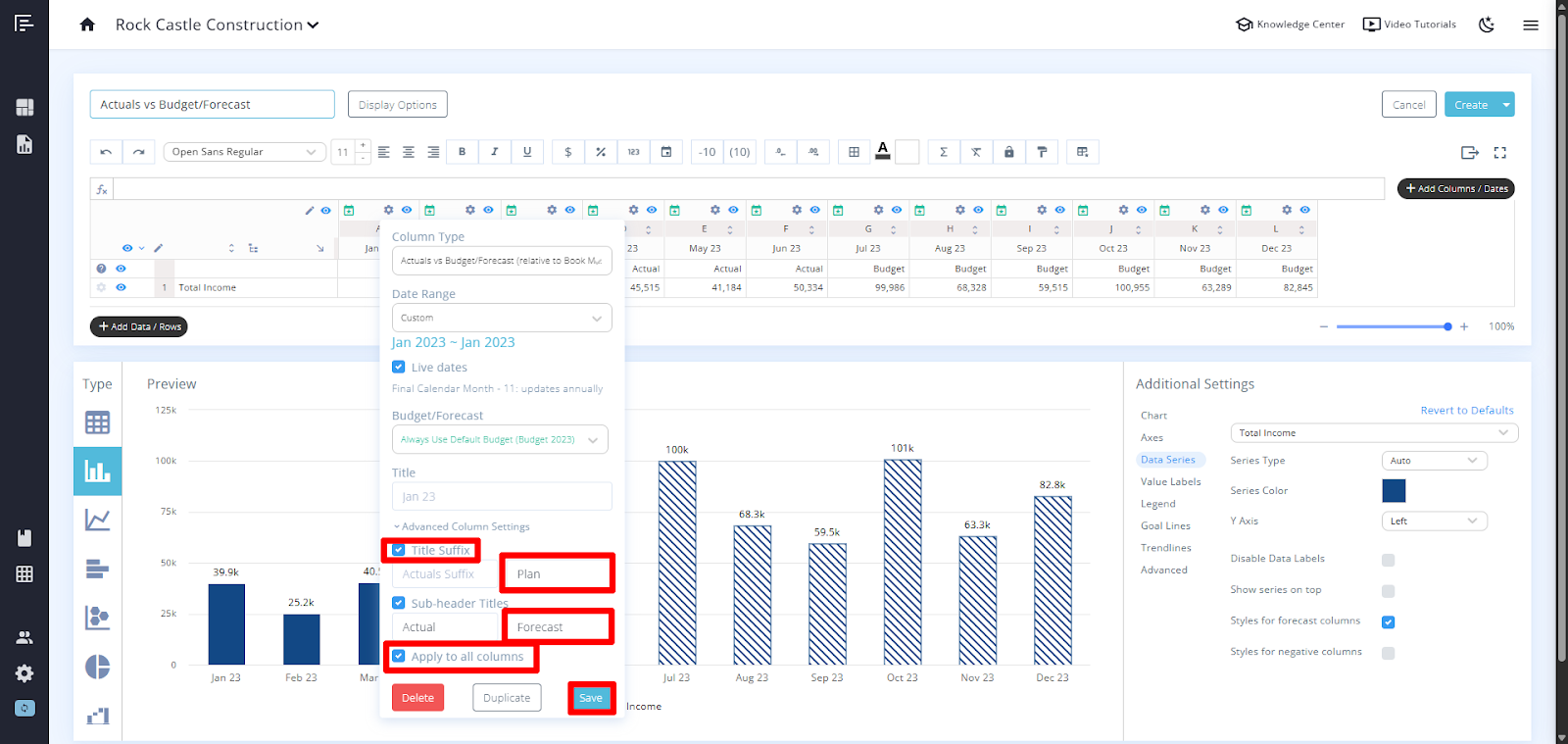 Actual vs Budget Column Type